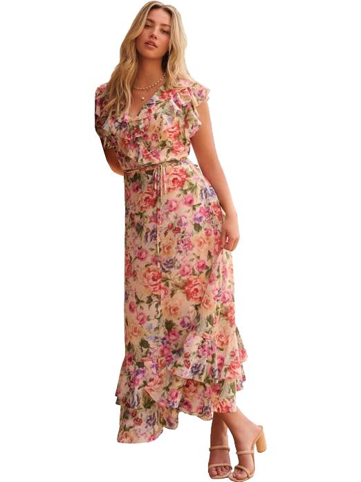 ROAMAN'S Chiffon Wrap Maxi Dress with Ruffled Details